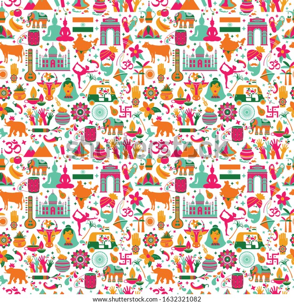 Traditional Symbols India Seamless Pattern On Stock Vector (Royalty ...
