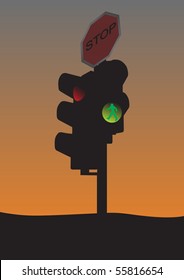 Traffic Light Stop Sign Sunset Stock Vector (Royalty Free) 55816654