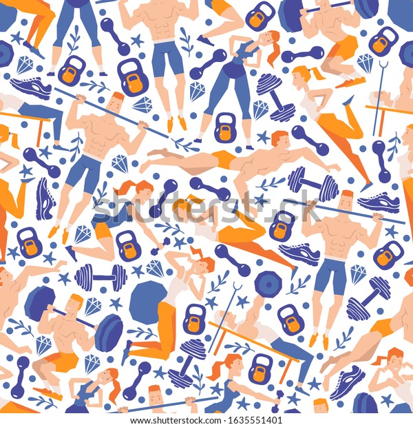Training People Cartoon Characters Seamless Pattern: เวกเตอร์สต็อก ...
