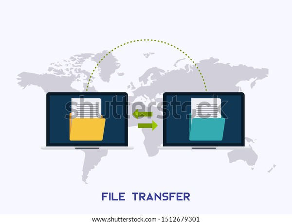 Transfer files. Laptops with folders on screen and transferred documents.
