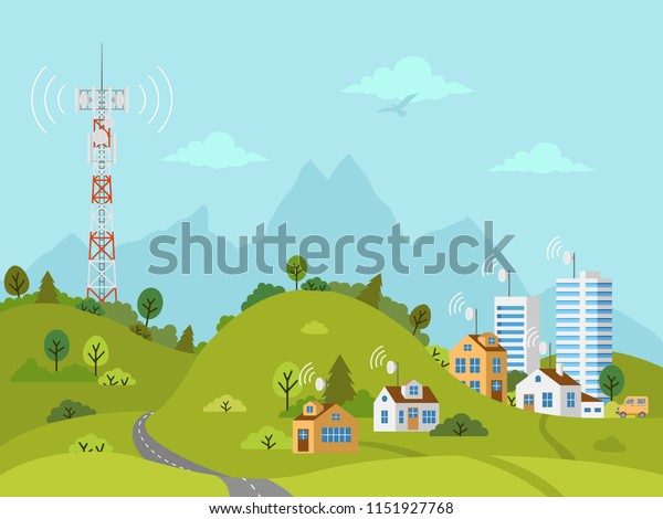 Transmission Cellular Tower On Landscape Wireless Stock Vector (Royalty ...