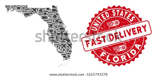 Transportation Collage Florida Map Grunge Stamp: เวกเตอร์สต็อก (ปลอดค่า ...