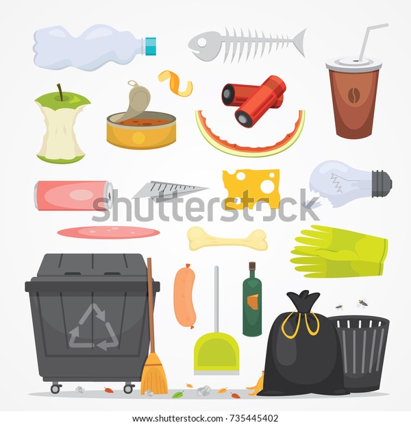 Trash Garbage Set Illustrations Cartoon Style Stock Vector (Royalty ...