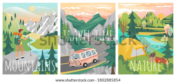 Travel posters. Vector set of adventure, camping and weekend vacation ...