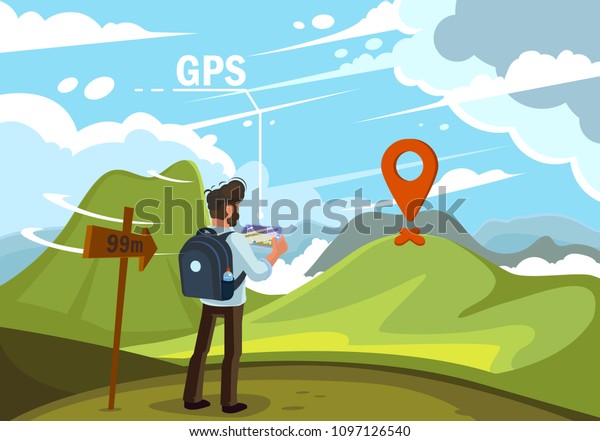 Traveler Guy Gps Map On Tablet Stock Vector (Royalty Free) 1097126540