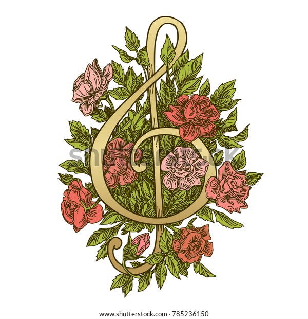 Treble Clef Decorated Flowers Rose Engraving Stock Vector (Royalty Free ...