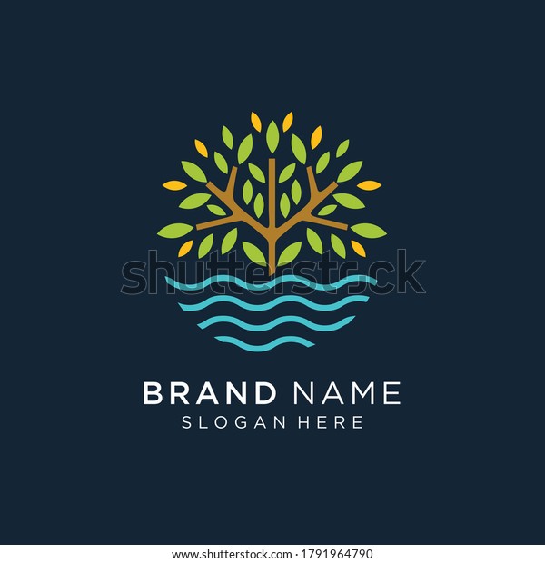 tree lake logo icon, River Tree Logo circle shape design vector template
