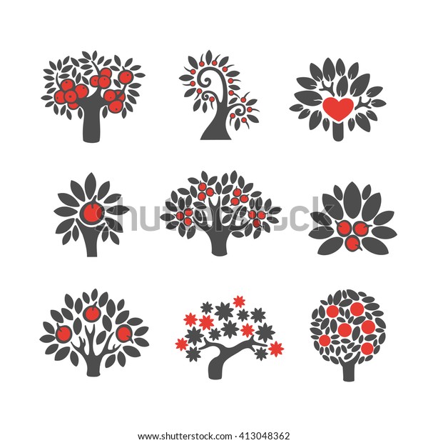 Tree Logo Illustration Icon Set Red Stock Vector (Royalty Free ...