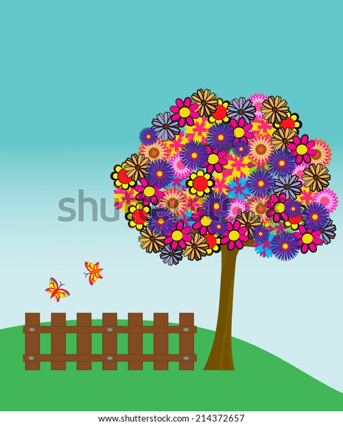 Tree Near Fence Stock Vector (Royalty Free) 214372657 | Shutterstock
