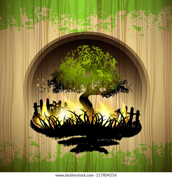 Tree On Fire Over Wood Texture Stock Vector (Royalty Free) 117804256 ...