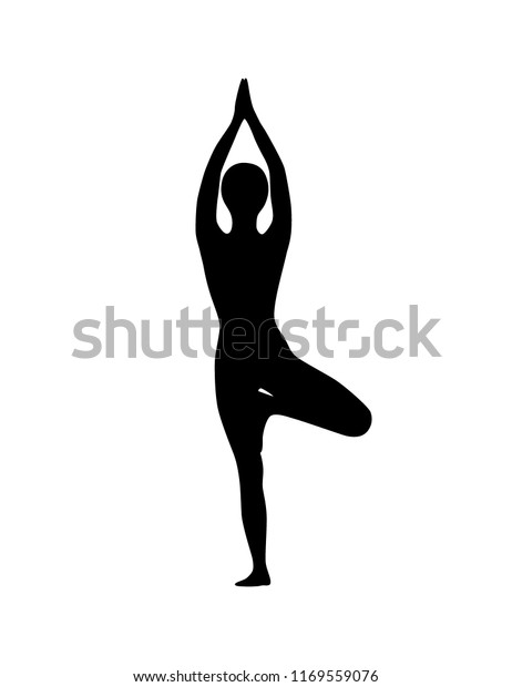 Tree pose yoga silhouette. Vector clip art. Isolated on white asana.