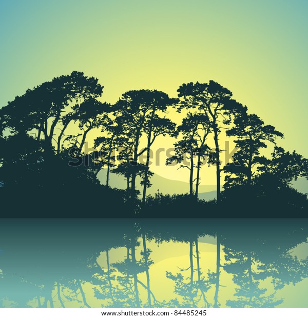 Trees Silhouette Reflection Water Stock Vector (Royalty Free) 84485245