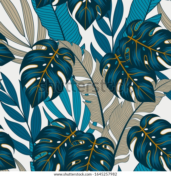 Trendy Seamless Tropical Pattern Bright Blue Stock Vector (Royalty Free ...