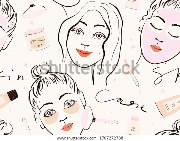 Trendy Skincare Routine Pattern Young Girl Stock Vector (Royalty Free ...