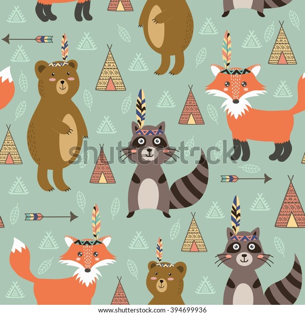 Tribal Seamless Pattern Cute Animals Vector Stock Vector (Royalty Free ...
