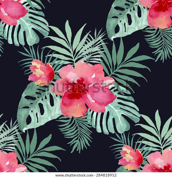 Tropical Background Red Flowers Palm Leaves Stock Vector (Royalty Free ...