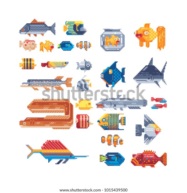 Tropical fish pixel art style collection on white background. Flat ...