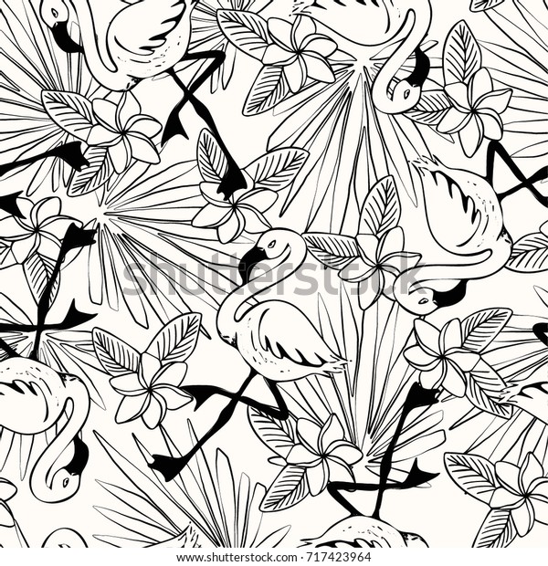 Tropical Flower Flamingo Pattern Black White Stock Vector (Royalty Free ...
