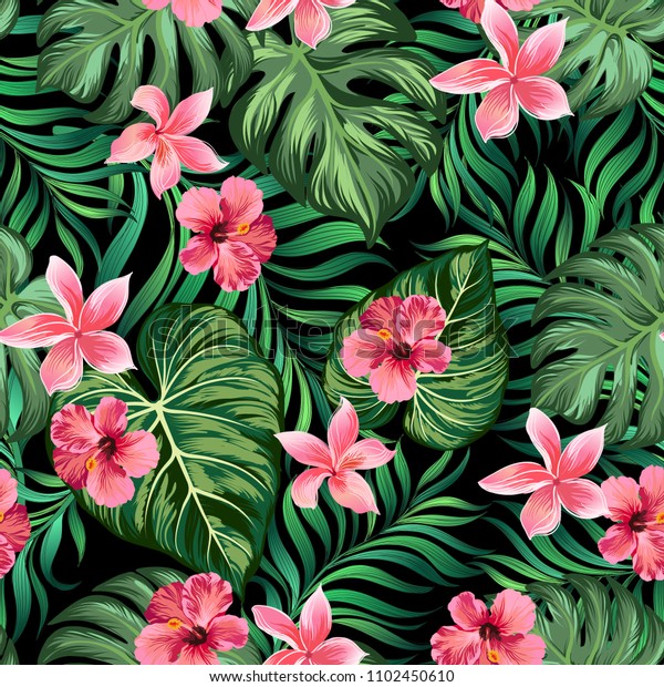 Tropical Vector Background Jungle Leaves Flowers Stock Vector (Royalty ...