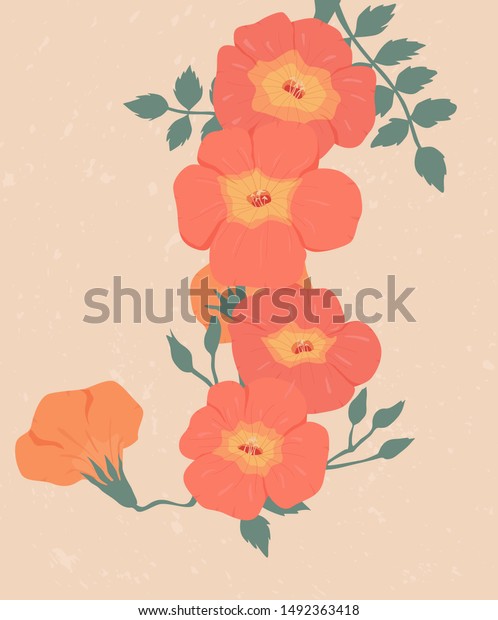 Trumpet Creepers Vector Image Orientalstyle 스톡 벡터(로열티 프리) 1492363418