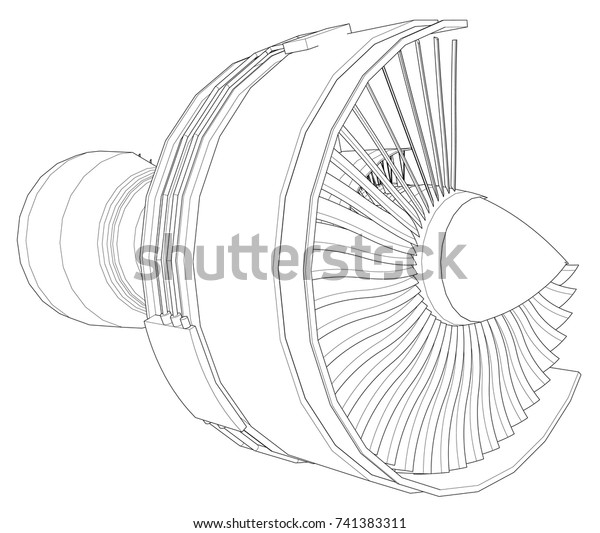 Turbo jet engine aircraft. Vector line illustration