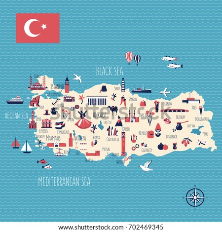 Turkey Cartoon Travel Map Vector Illustration Stok Vektör (Telifsiz ...