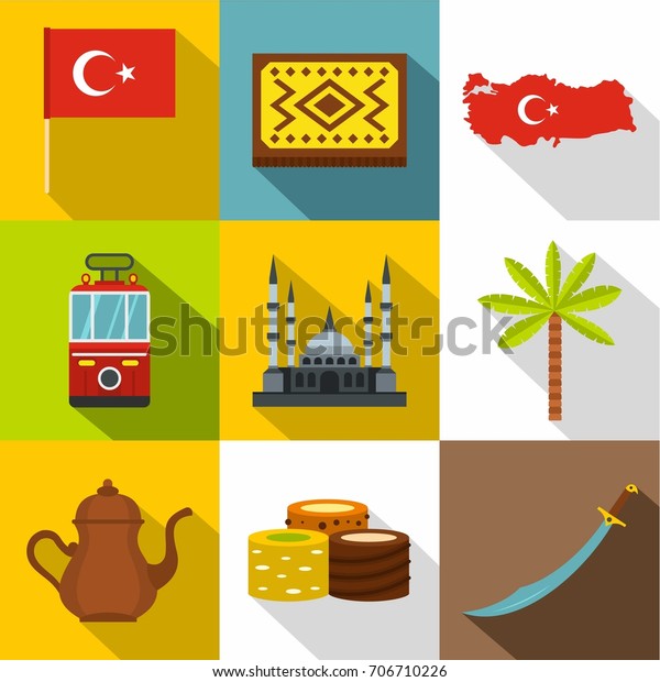 Turkey travel icon set. Flat style set of 9 Turkey travel vector icons ...