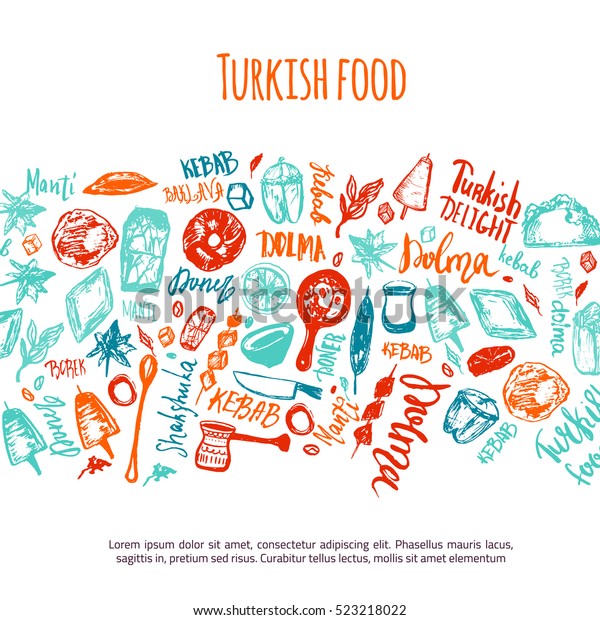 Turkish Food Hand Drawn Set Lettering Stock Vector (Royalty Free ...