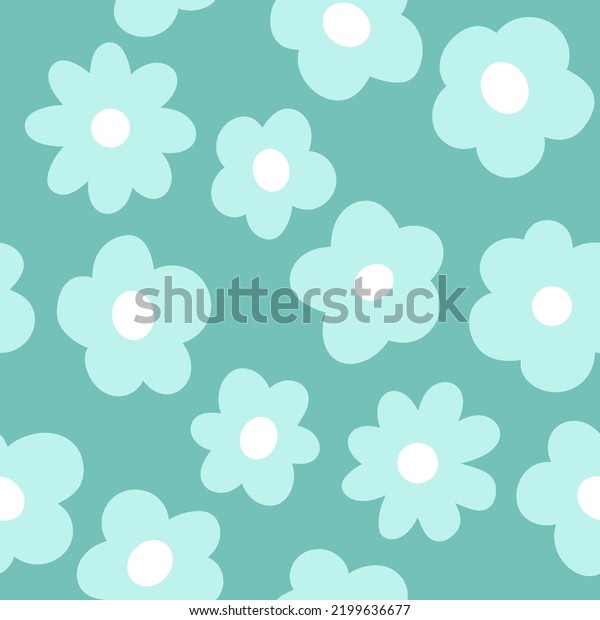 Turquoise Cartoon Flowers Background Seamless Pattern Stock Vector ...