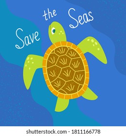 Turtle Ecology Slogan Save Seas Cartoon Stock Vector (Royalty Free ...