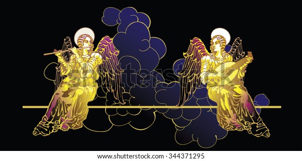 Two Angel Playing Music On Black Stock Vector (Royalty Free) 344371295 ...