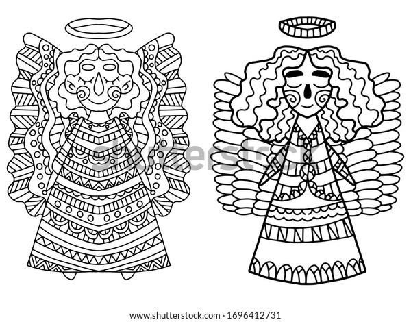 Two Angels Coloring Book Page Home Stock Vector (Royalty Free) 1696412731