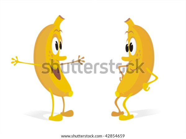 Two bananas cartoons in a joyful talking. No gradient fills. Easy to edit.