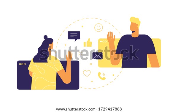 Two Cartoon Characters Communicate Using Mobile Stock Vector (Royalty ...