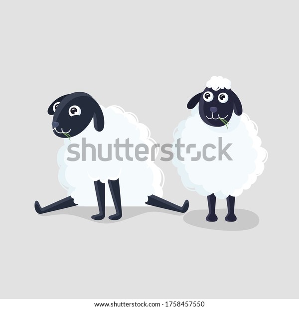 Two Cartoon Sheep Different Poses On: เวกเตอร์สต็อก (ปลอดค่าลิขสิทธิ์ ...