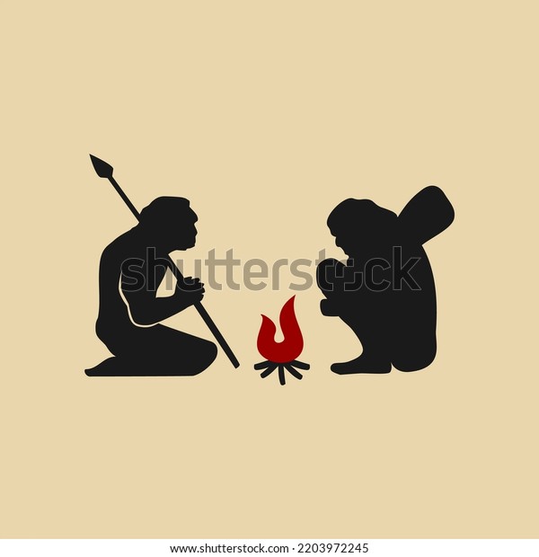 Two Caveman Silhouette Front Flame Vector Stock Vector (Royalty Free ...