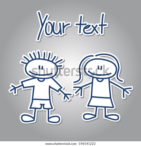 Two Children Blue Drawing Line Sticker Stock Vector (Royalty Free ...