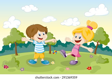 Happy Kids Playing Under Sun Vector Stock Vector (Royalty Free) 475285189