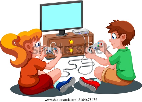 Two Children Playing Video Game Stock Vector (Royalty Free) 2164678479 ...