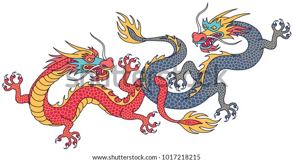 Two Chinese Dragons Fighting Cartoon Characters 스톡 벡터(로열티 프리) 1017218215