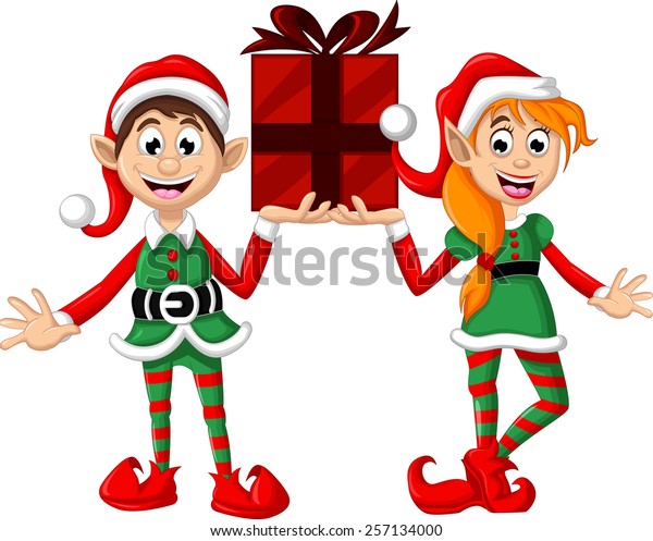 Two Christmas Elf Holding Gift Stock Vector (Royalty Free) 257134000
