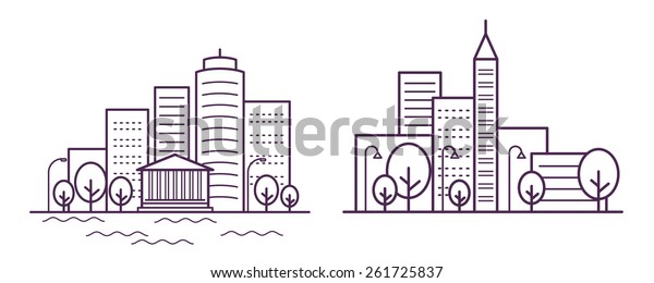 Two City Landscapes Line Vector Illustration Stock Vector (Royalty Free ...