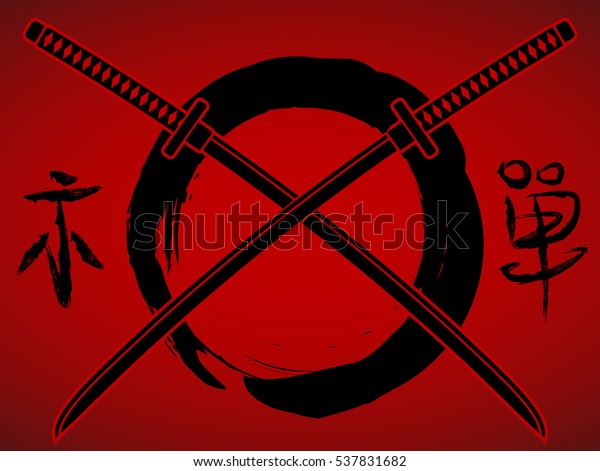 two crossed katana on red background and a zen circle., vector illustration