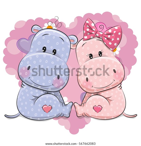 Two Cute Cartoon Hippos on a background of heart