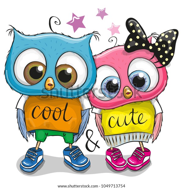 Two Cute Cartoon Owls On White Stock Vector (Royalty Free) 1049713754