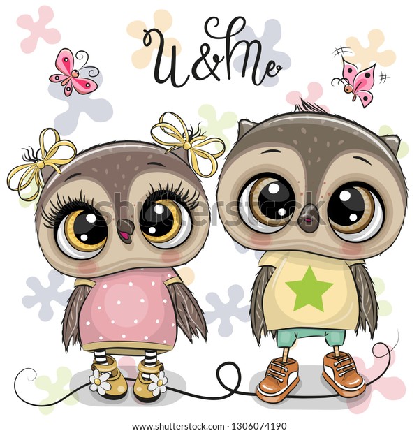 Two Cute Cartoon Owls on a flowers background