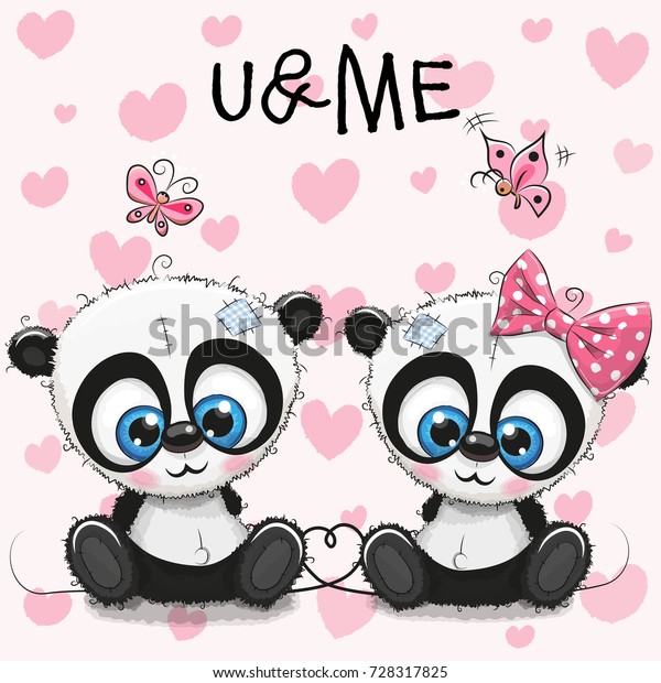 Two Cute Cartoon Pandas On Hearts: เวกเตอร์สต็อก (ปลอดค่าลิขสิทธิ์ ...