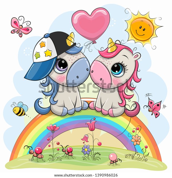 Two Cute Cartoon Unicorns Sitting On Stock Vector (Royalty Free) 1390986026
