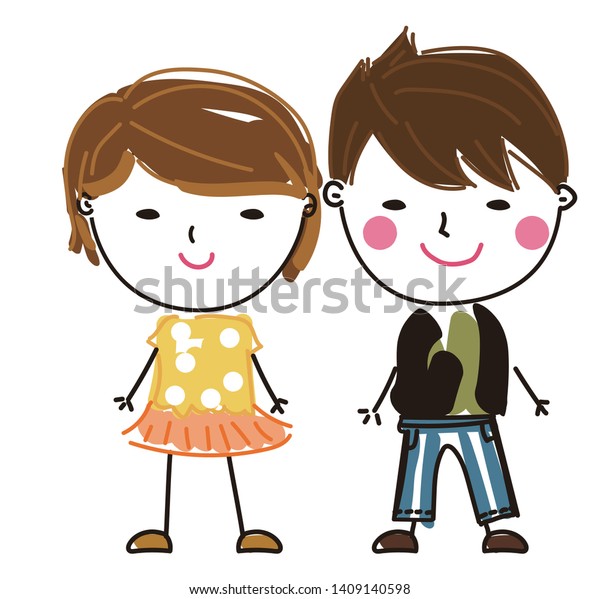 Two Cute Kids Standing Drawing Sketch Stock Vector (Royalty Free ...