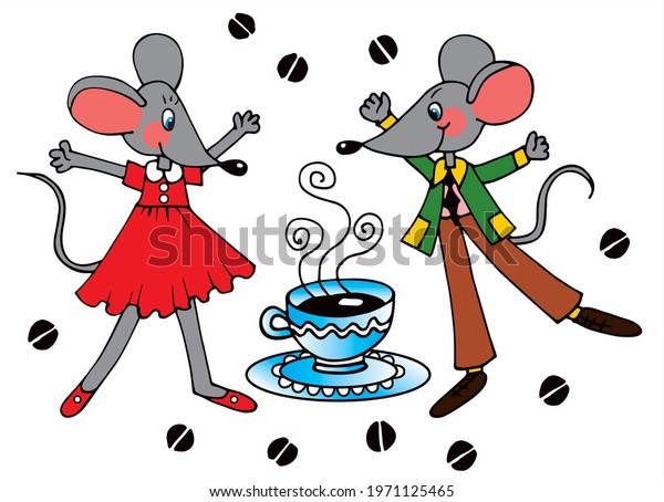 Two cute mice and a cup of coffee. Colored vector for card or gift.
